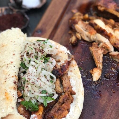 Spiced Chicken “Gyros” with Roasted Garlic-Yogurt spread and Onion ...
